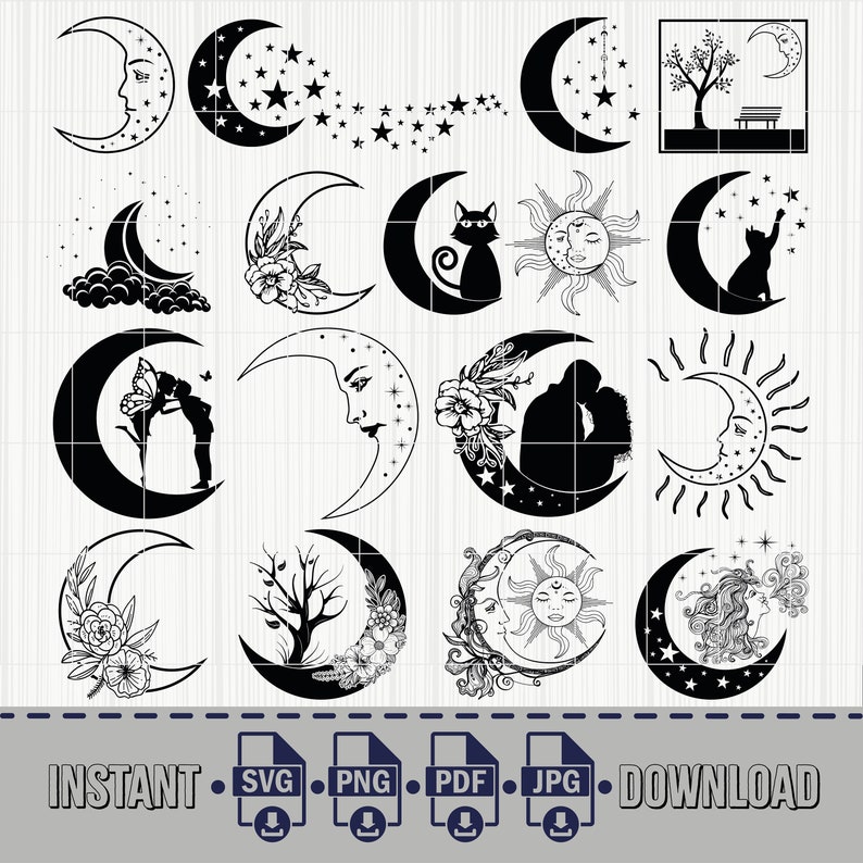 Moon Svg Bundle, Moon and Stars Svg, Crescent Moon Svg, Celestial Svg ...
