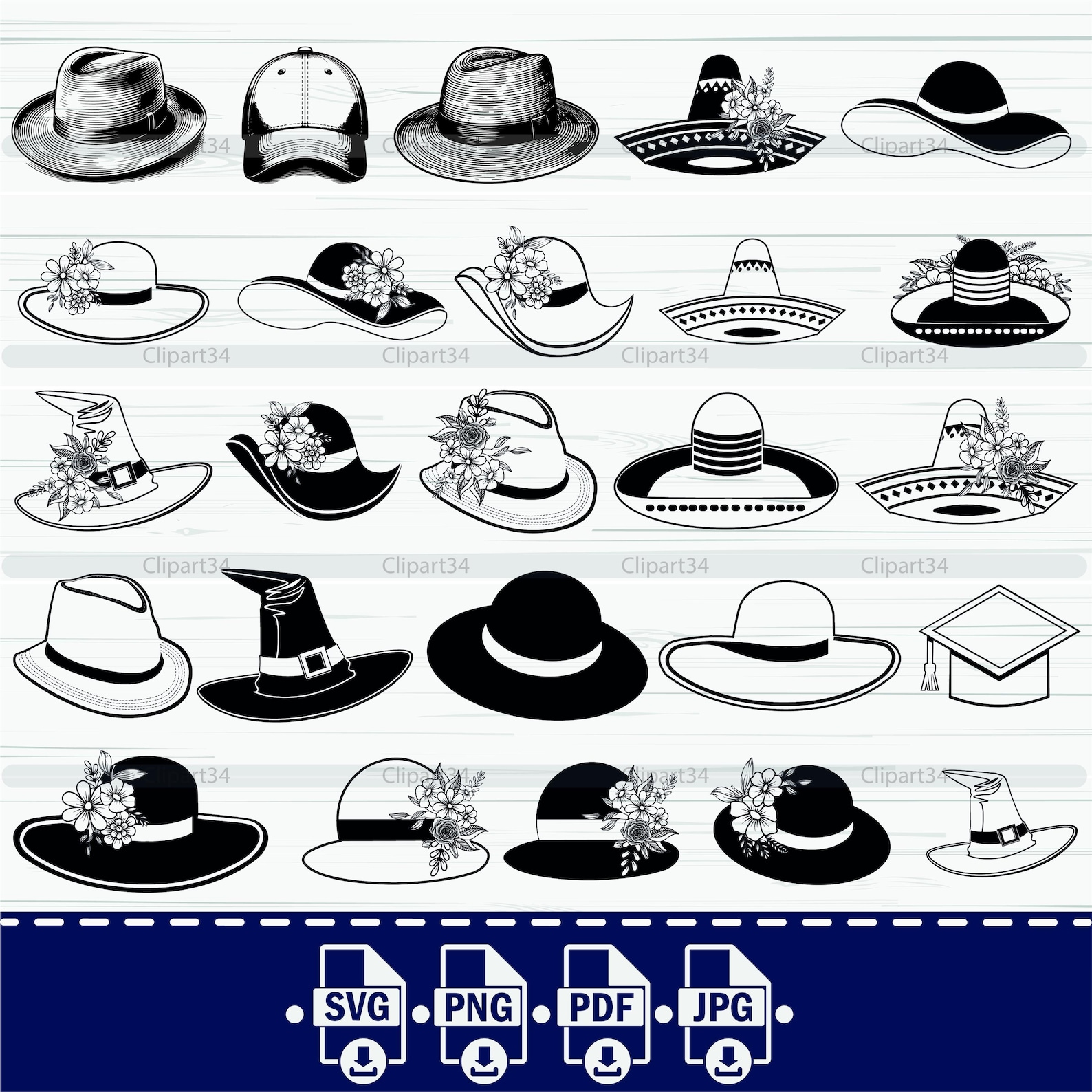 Hat SVG Clipart Bundle: Cowboy, Witch, Fedora & More (digital Download ...