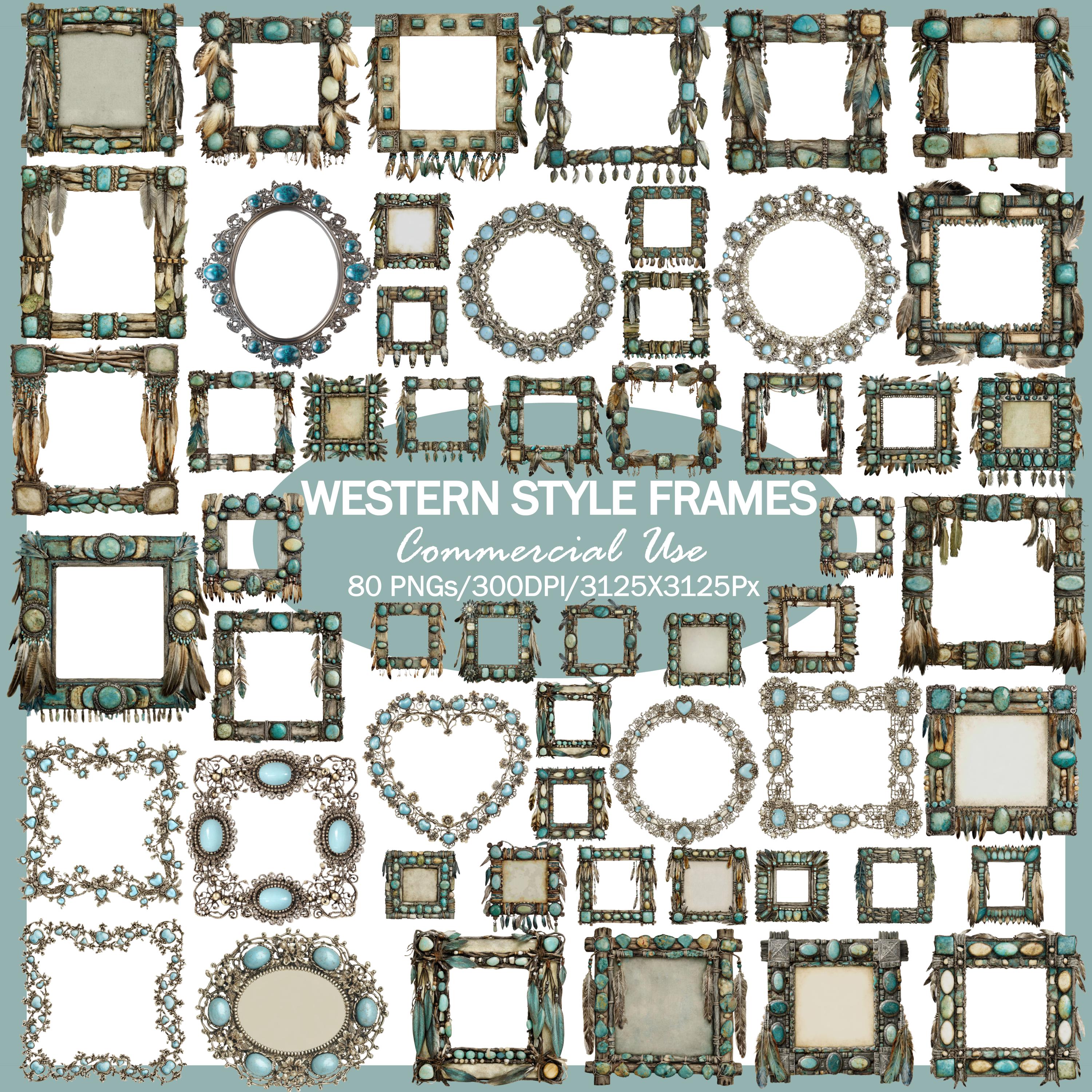 Western Turquoise Frames Clipart, Boho Feather PNG Set (commercial Use ...