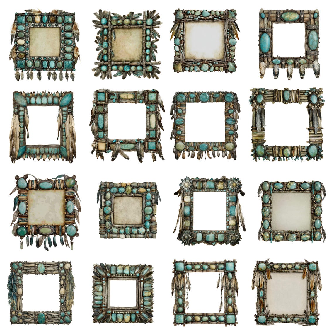 Western Turquoise Frames Clipart, Boho Feather PNG Set (commercial Use ...