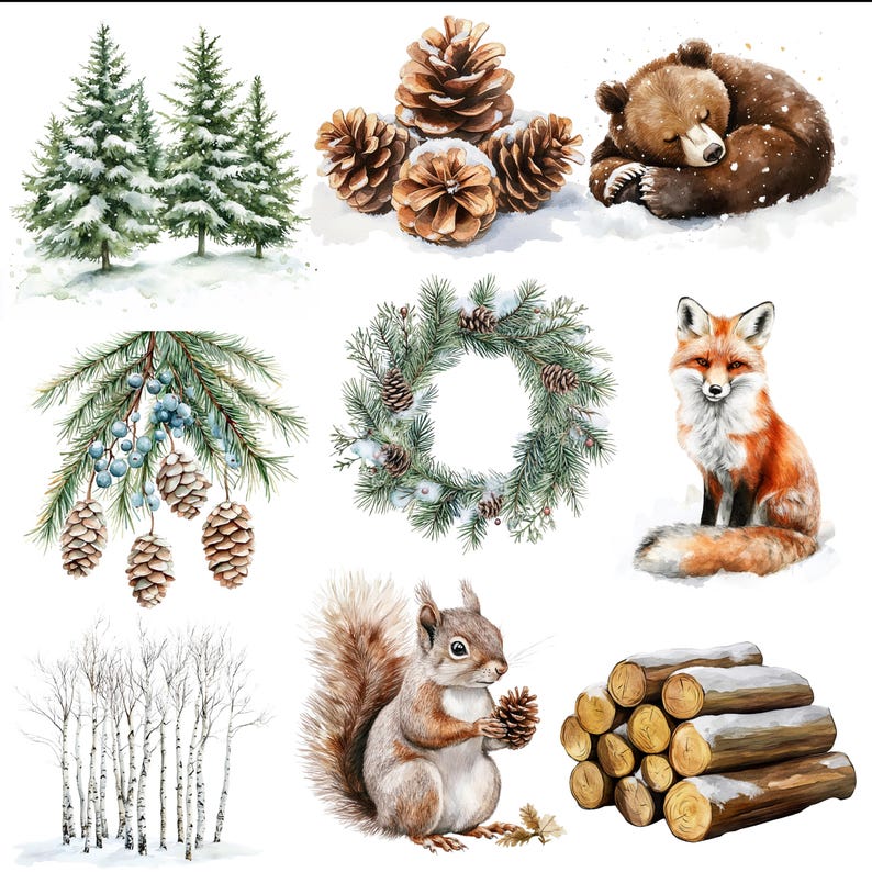 Winter Woodland Clipart Bundle – Animals, Cabins, Trees (PNG) - Etsy