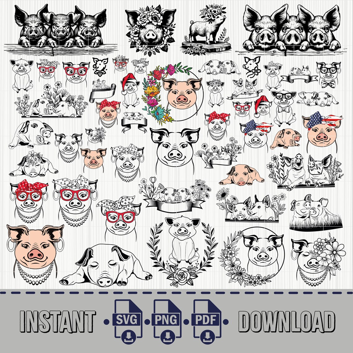 Pig SVG File, Pig With Flower Crown SVG, Pig Cut File, Animal Face ...