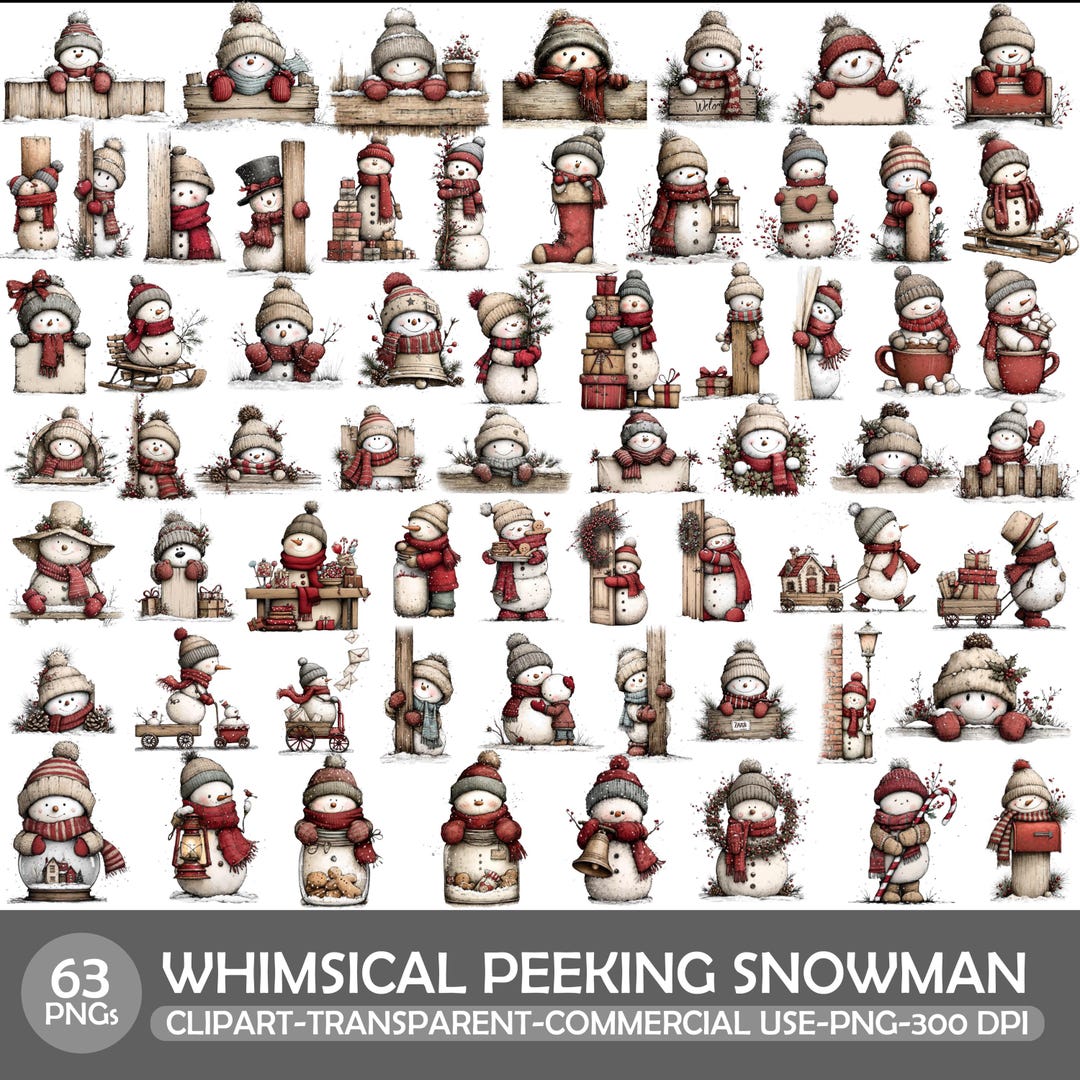 Whimsical Snowman Clipart Bundle, Rustic Christmas PNG (digital ...