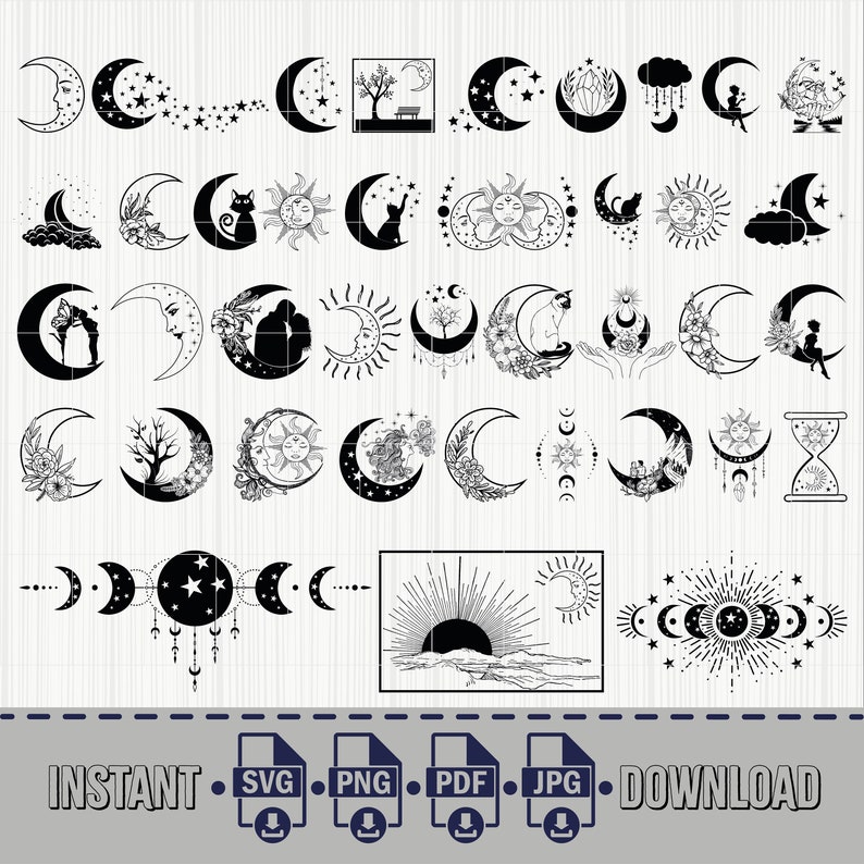 Moon Svg Bundle, Moon and Stars Svg, Crescent Moon Svg, Celestial Svg ...