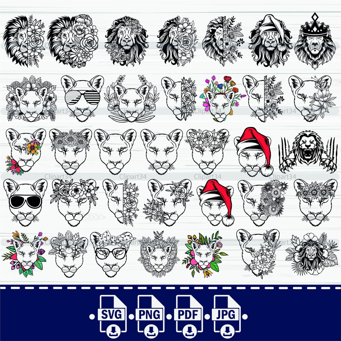 Lion SVG Bundle, Lion PNG Bundle, Lion Clipart, Lion SVG Cut Files for ...