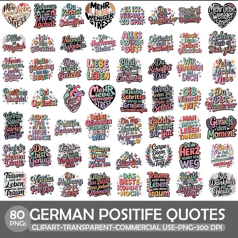 80 German Positive Quotes PNG Bundle | Pastel Motivational Stickers ...