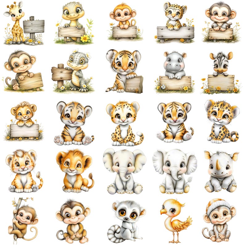 Safari Clipart Bundle, Cute Jungle Animals PNG, Baby Safari Kids ...