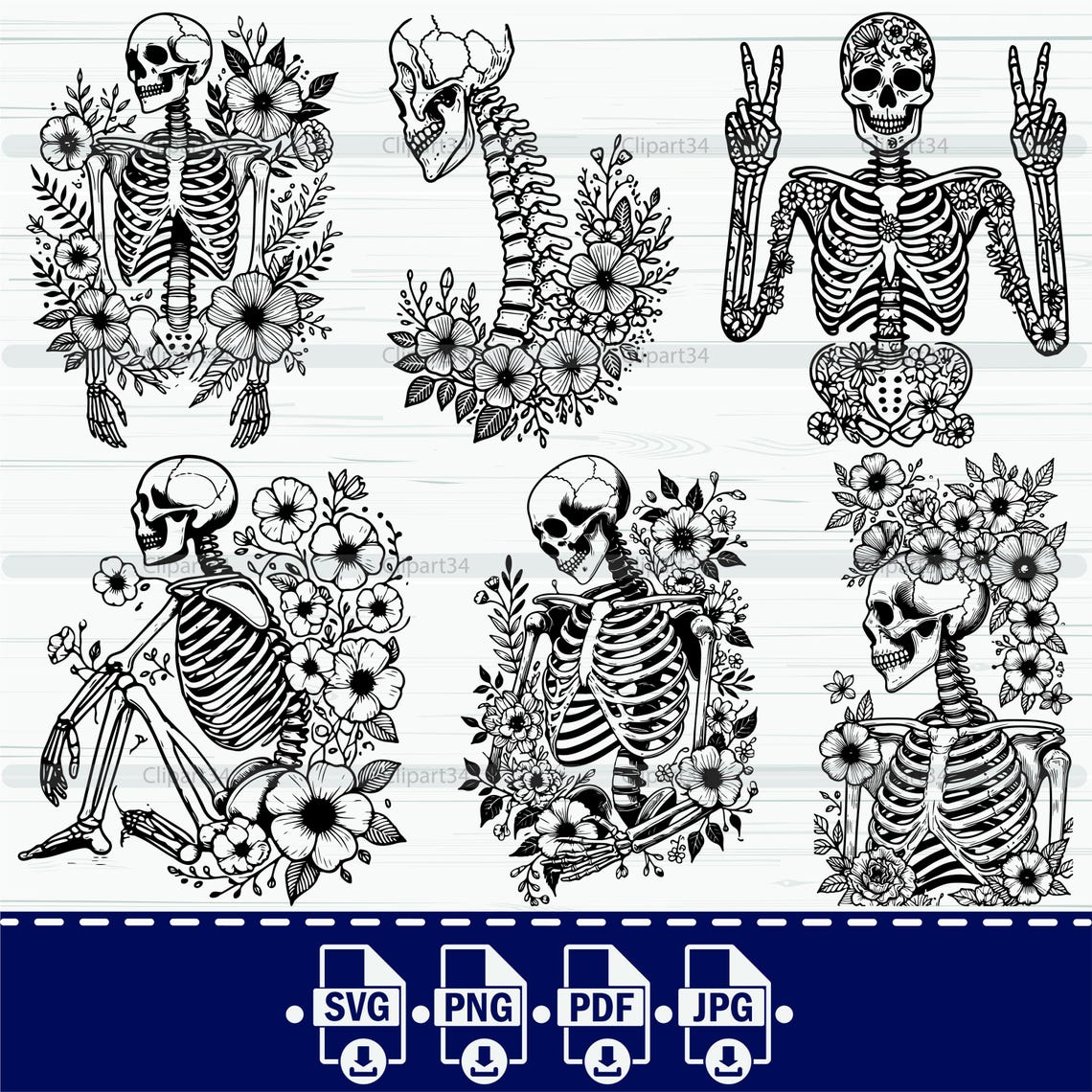 Floral Skeleton Parts SVG, Floral Spine Anatomy SVG, Halloween Skeleton ...