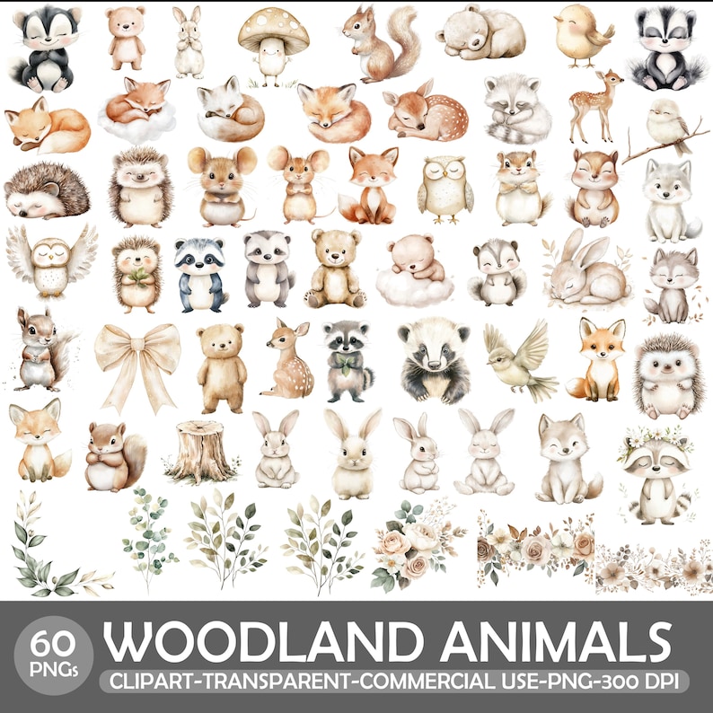 Watercolor Woodland Animals Clipart Set, Nursery Designs (PNG ...