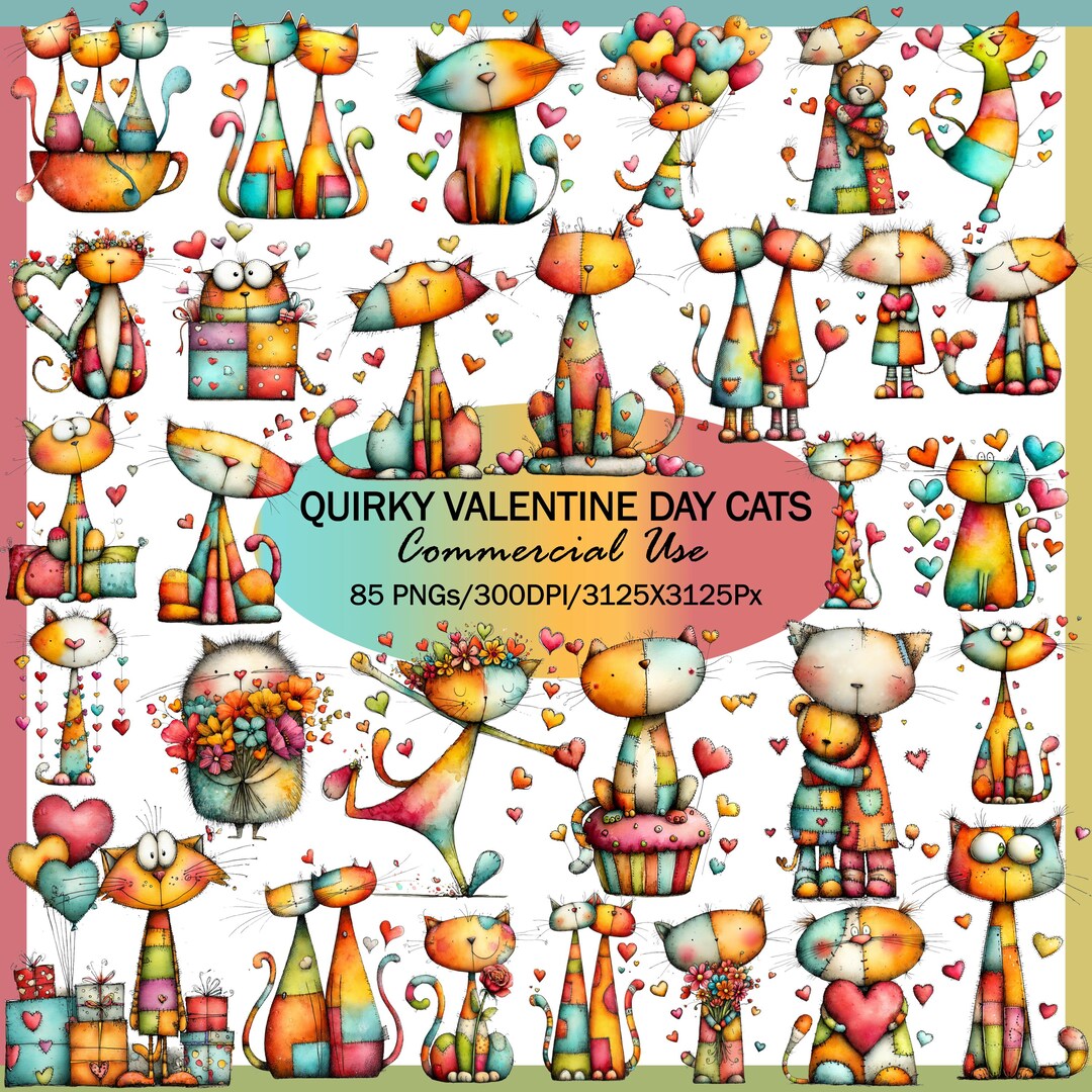 Whimsical Valentine Cats Clipart Bundle, Love Cats PNG (commercial Use ...