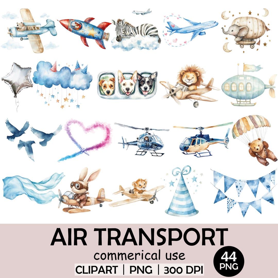 Watercolor Air Transport Clipart Set – Baby Airplane, Rocket, Clouds ...