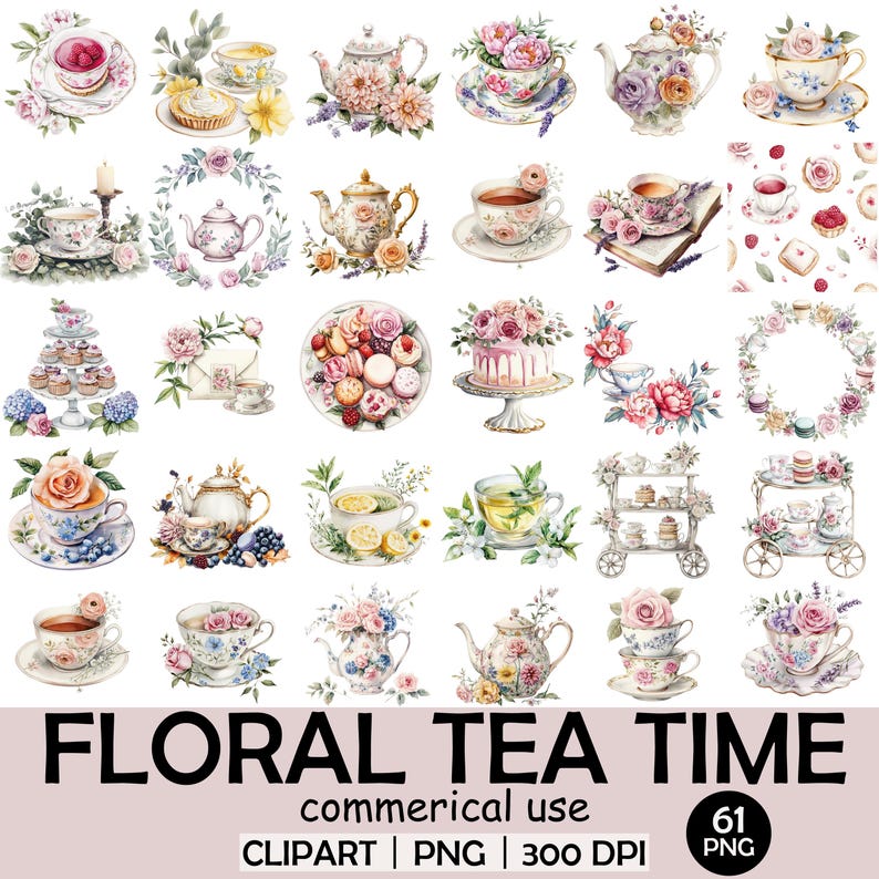 Floral Tea Party Clipart Set: Vintage Teacups & Teapots (PNG, 300 DPI ...