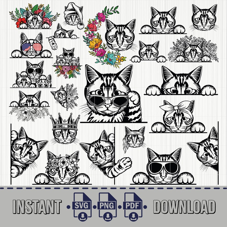Cat SVG Bundle, Peeking Cat PNG Bundle, Clipart, Kitten Svg, Silhouette ...