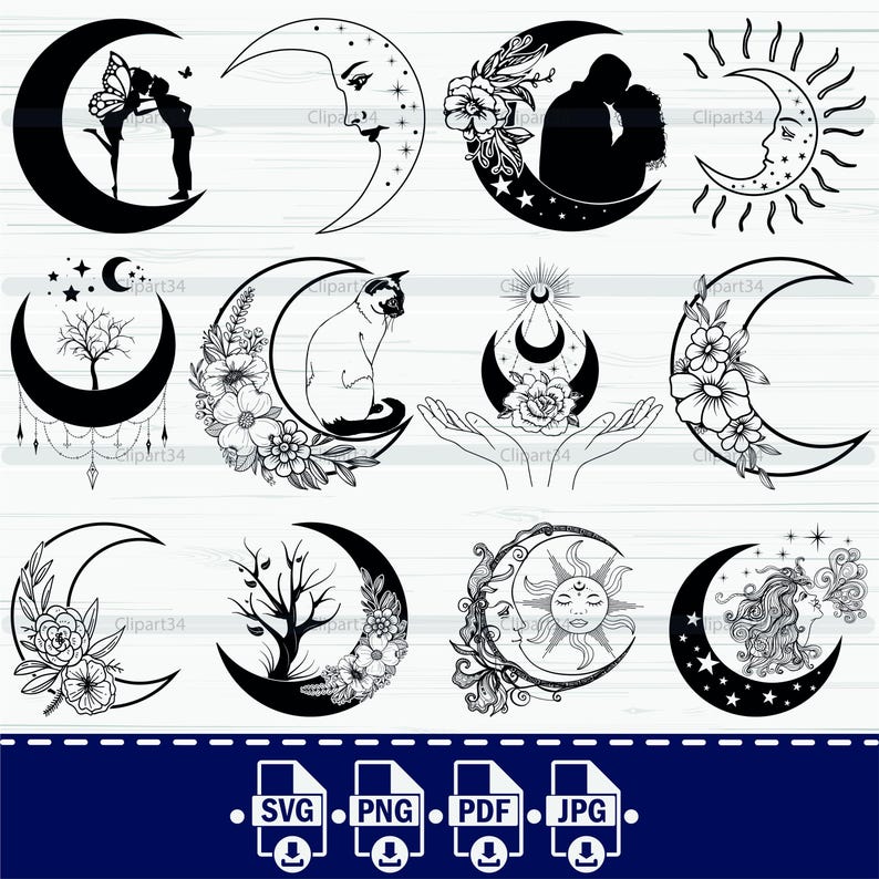 Moon Svg Bundle, Moon and Stars Svg, Crescent Moon Svg, Celestial Svg ...