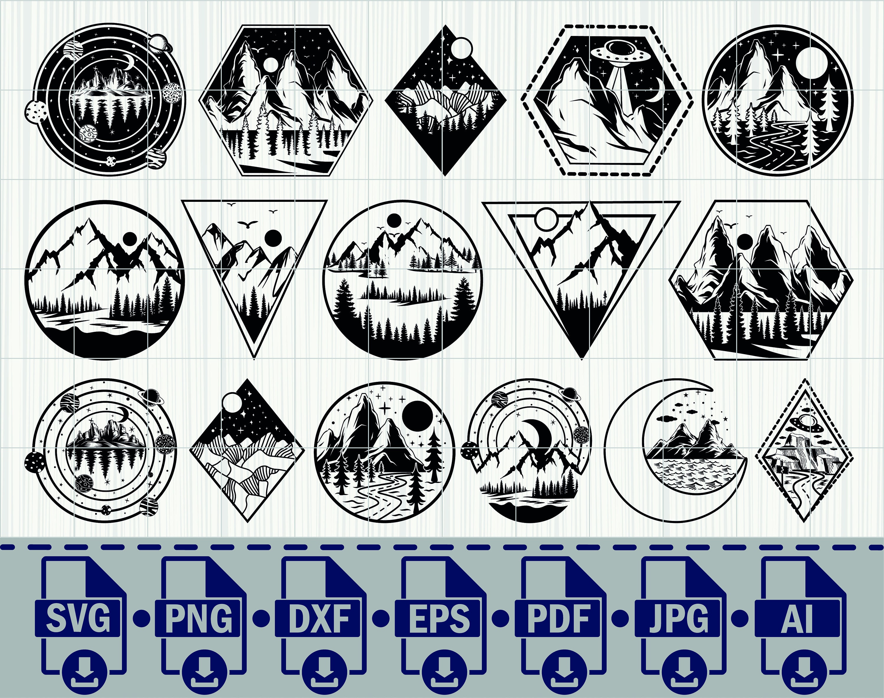 Geometric Mountain Svg Bundle, Hand Drawn Geometric Landscape, Outdoor ...
