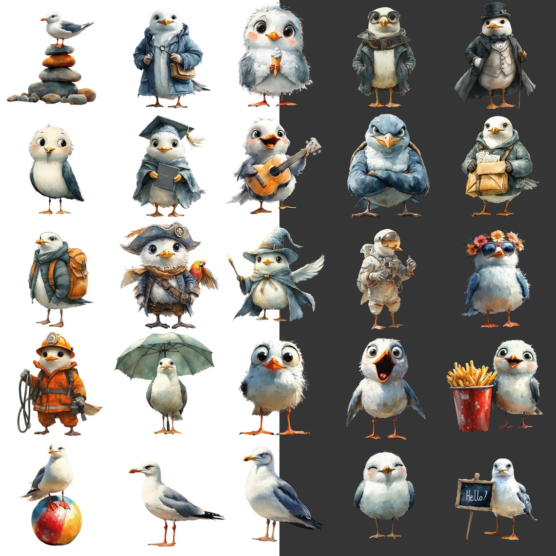 Funny Seagulls Clipart Mega Pack: 114 Whimsical Illustrations (300 DPI ...