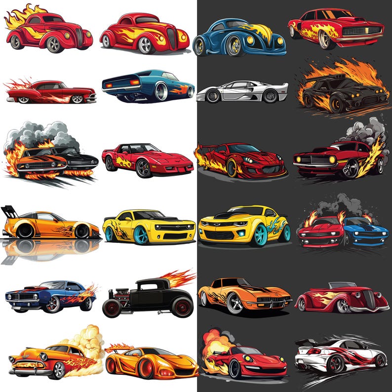 Hot Cars Clipart: 96 Fiery Car Illustrations (PNG Digital Download) - Etsy