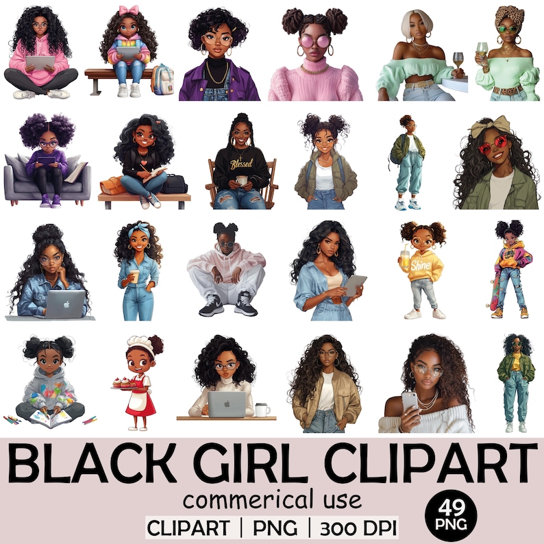 Black Girl Clipart Bundle: 49 PNG Illustrations, Commercial Use ...