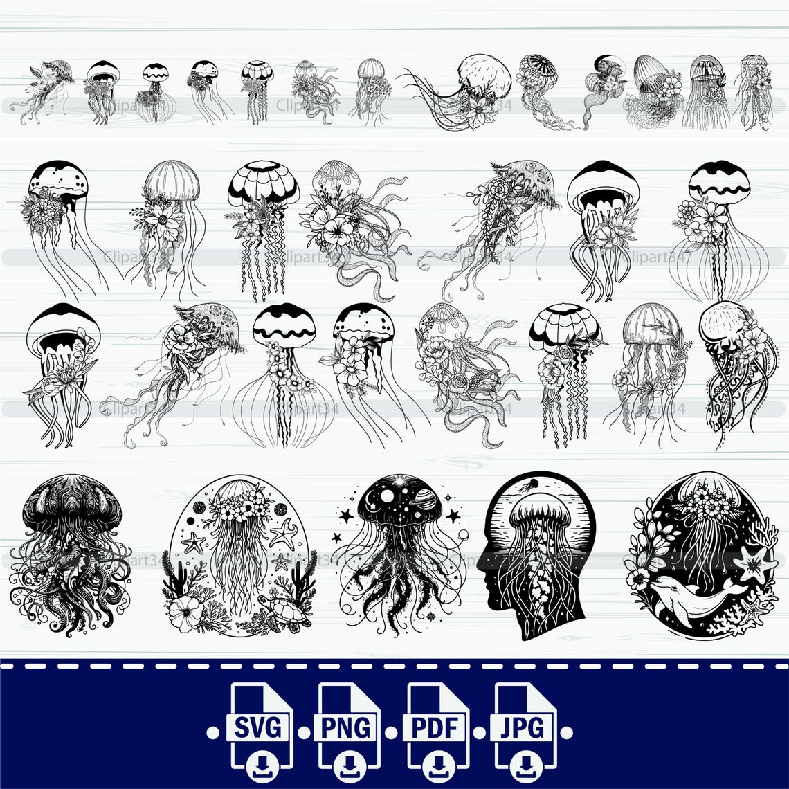 Floral Jellyfish SVG Bundle: Sea Animal Clipart (digital Download) - Etsy