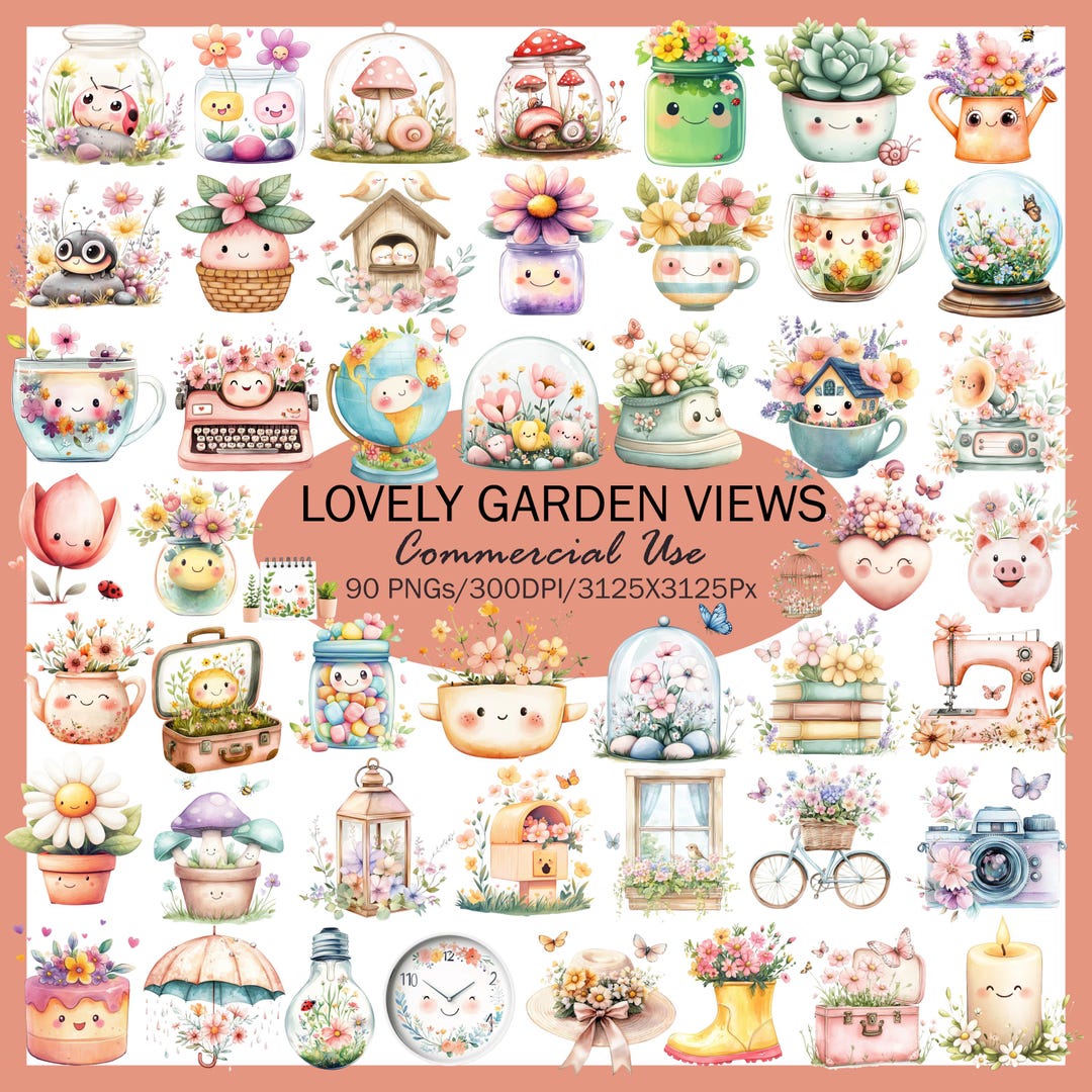 Whimsical Garden Clipart Bundle, Kawaii Floral Elements, Spring Nature ...
