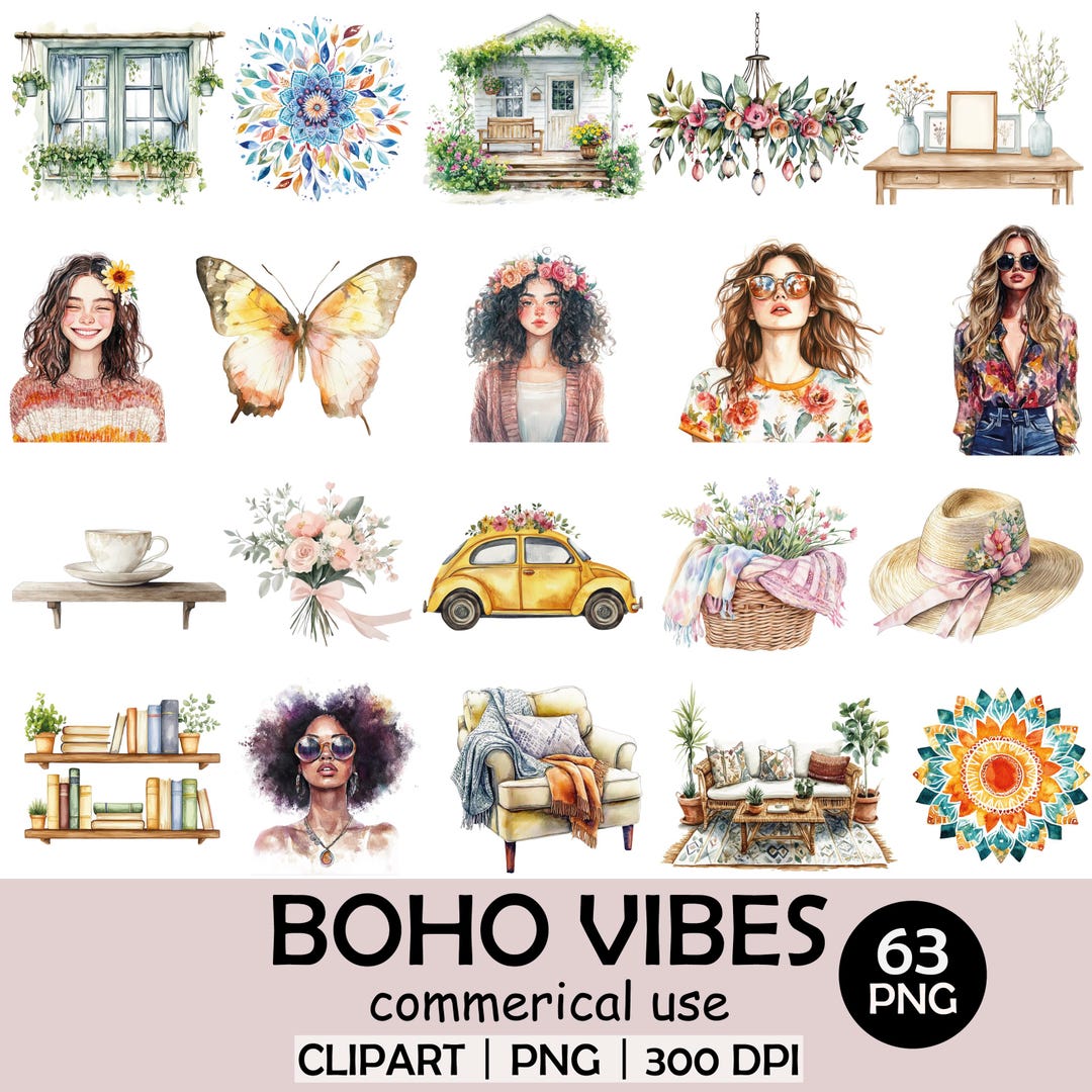 Boho Vibes Clipart Bundle – 63 Watercolor PNG Cottagecore, Plants ...