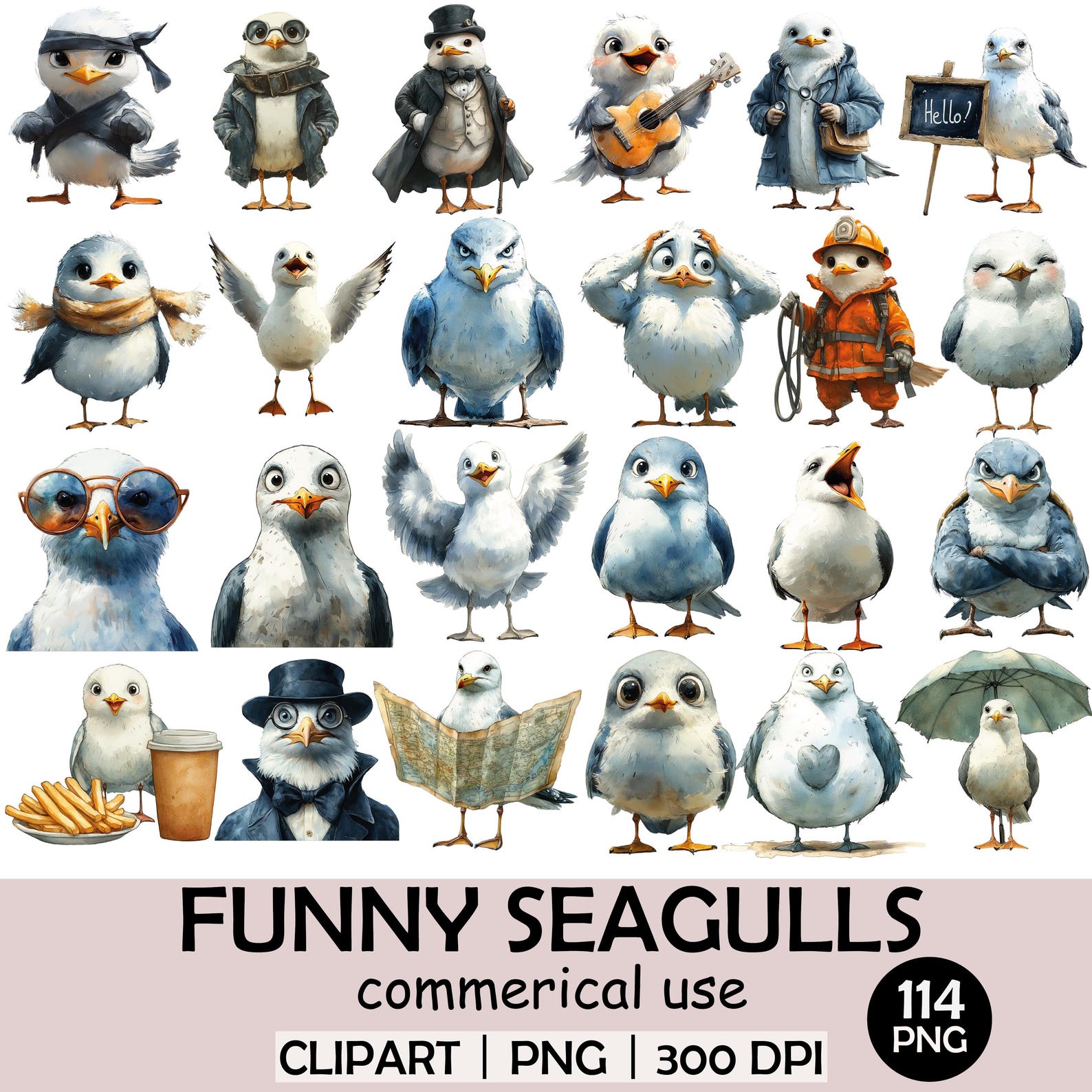 Funny Seagulls Clipart Mega Pack: 114 Whimsical Illustrations (300 DPI ...