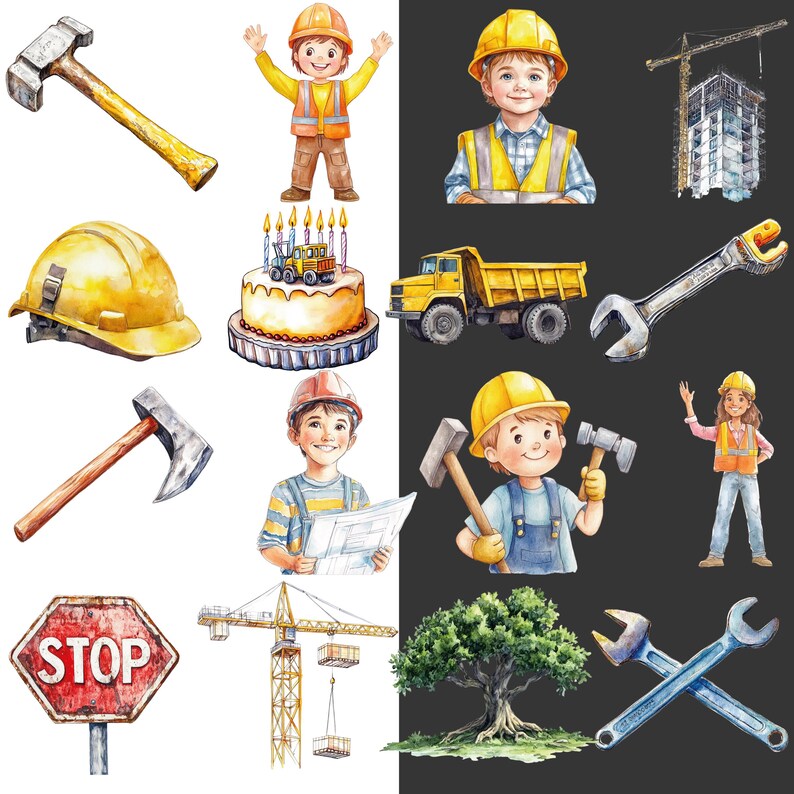 Construction Clipart Bundle – 54 Watercolor Kids Builder PNG, Tools ...