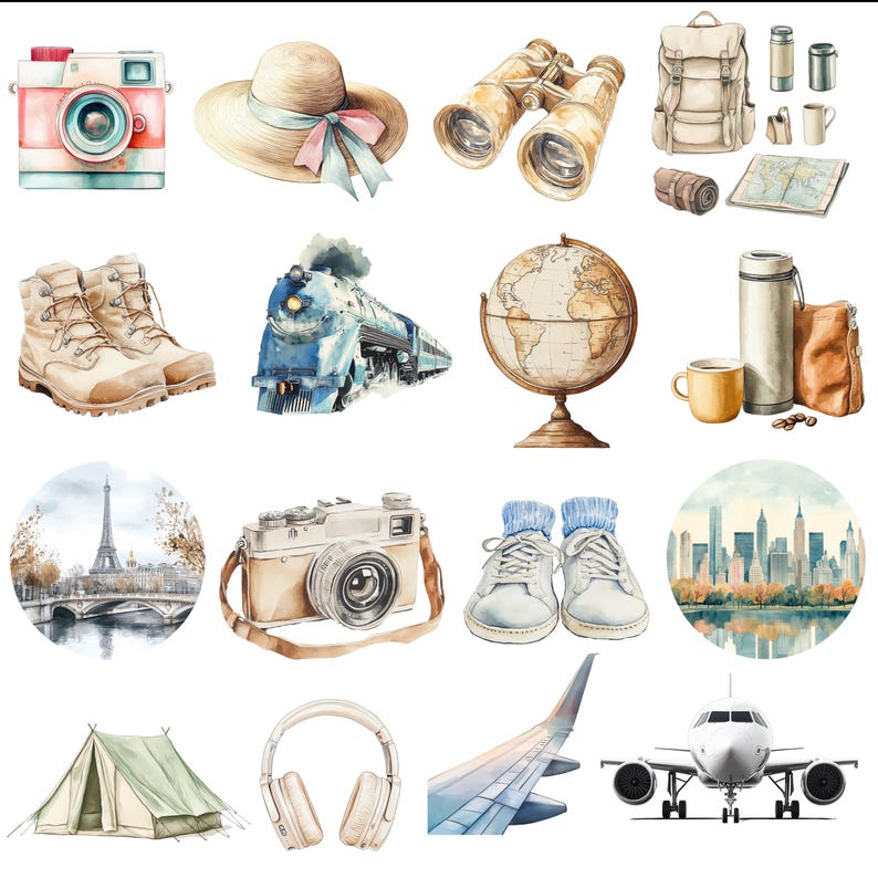 Watercolor Travel Clipart Bundle, Vacation Illustrations (PNG, 300 DPI ...