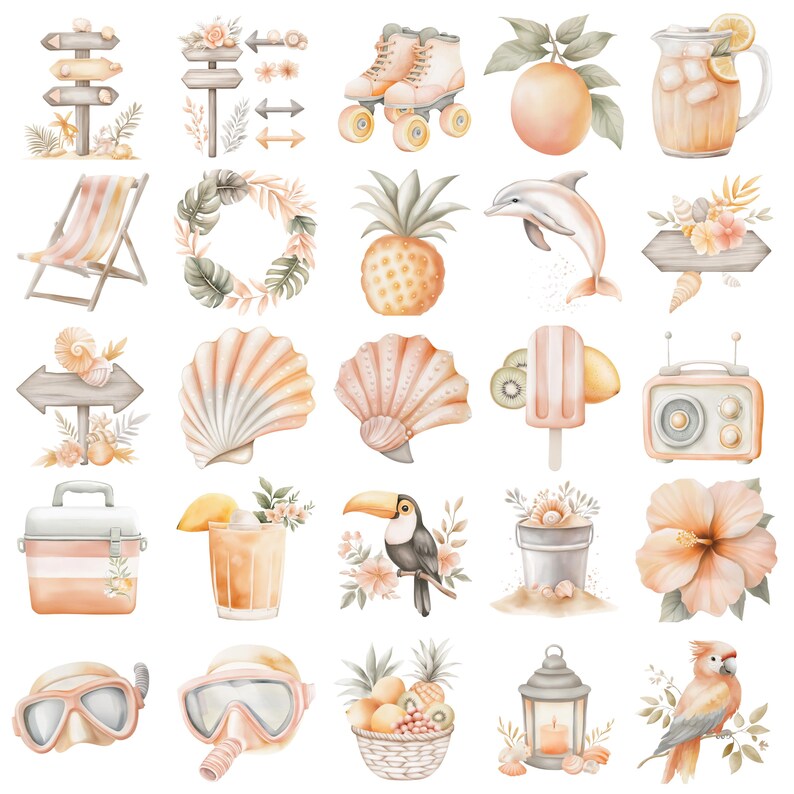 Summer Beach Clipart, Watercolor Coastal Vacation Elements (PNG Files ...