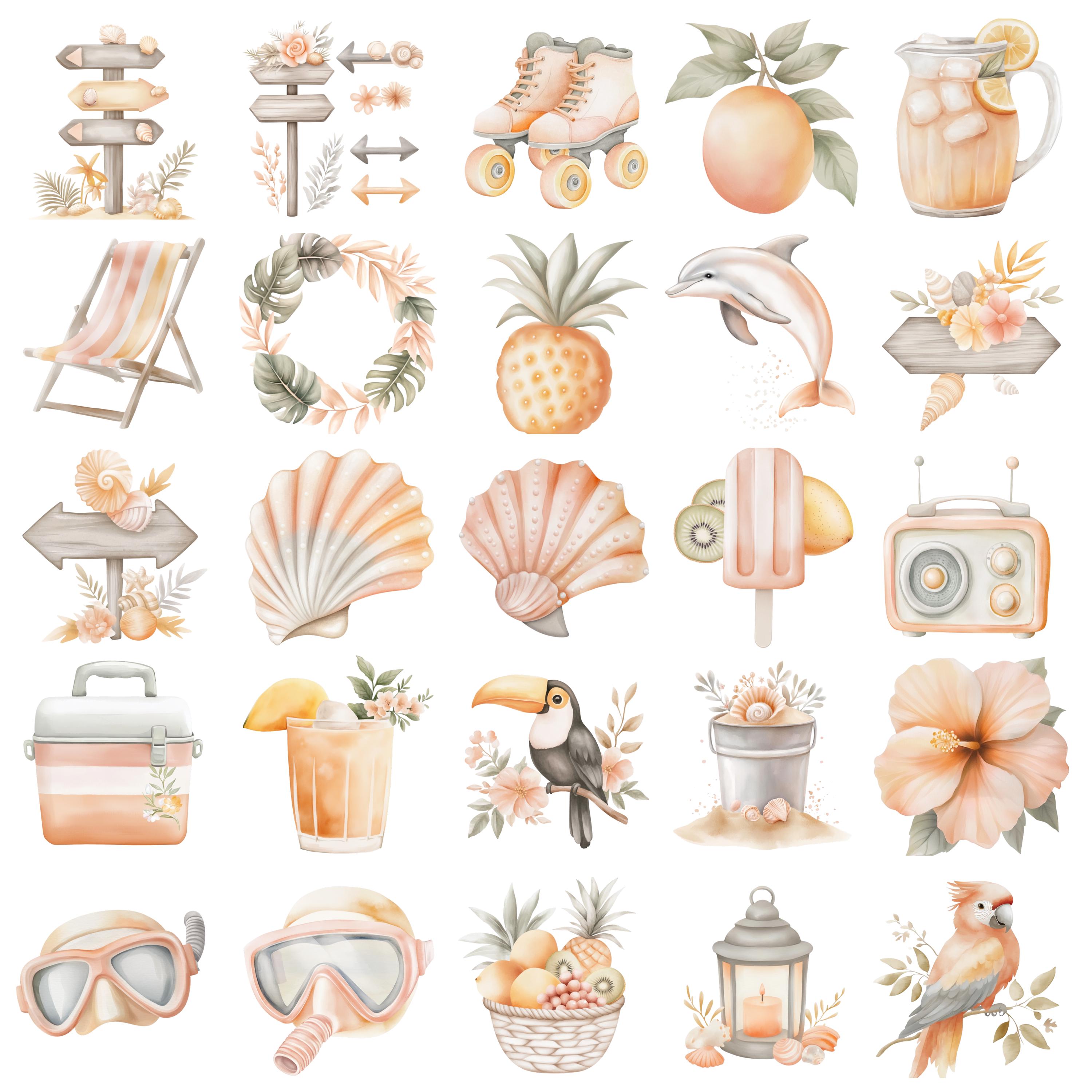 Summer Beach Clipart, Watercolor Coastal Vacation Elements (PNG Files ...