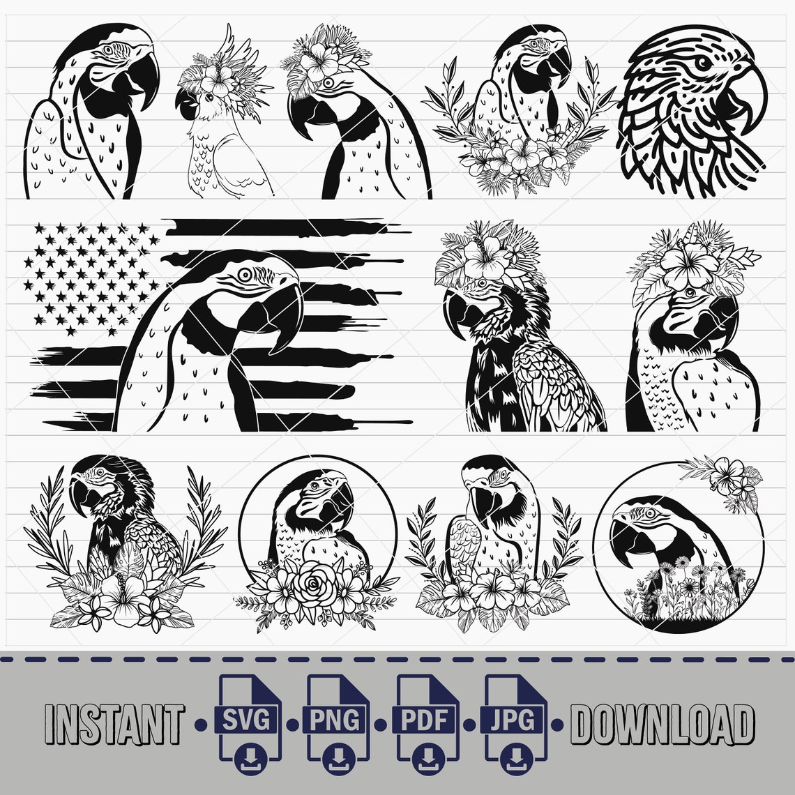 Parrots Svg Files for Cricut, Floral Parrot Clipart, Birds Silhouette ...
