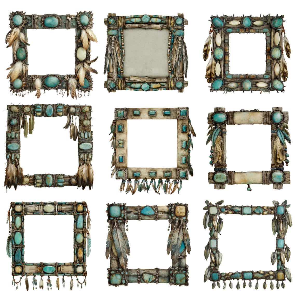 Western Turquoise Frames Clipart, Boho Feather PNG Set (commercial Use ...