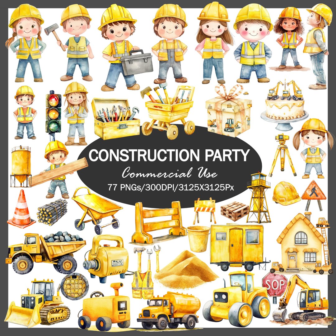 Construction Party Clipart Set, Kids Birthday PNG Graphics - Etsy