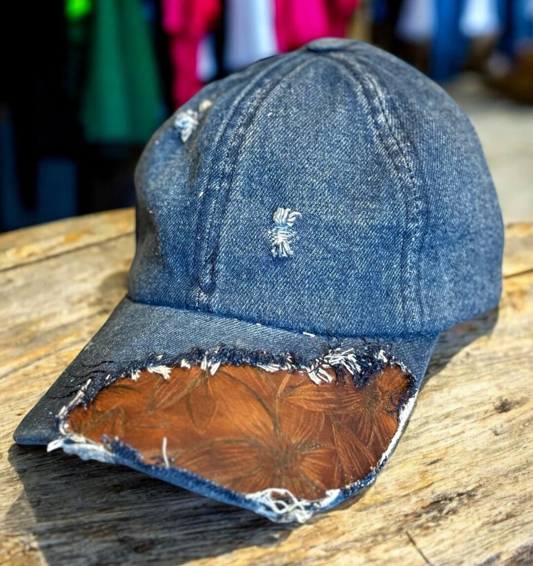 Denim Cap With Hand Burned Leather Bill, Denim Baseball Cap, Custom ...