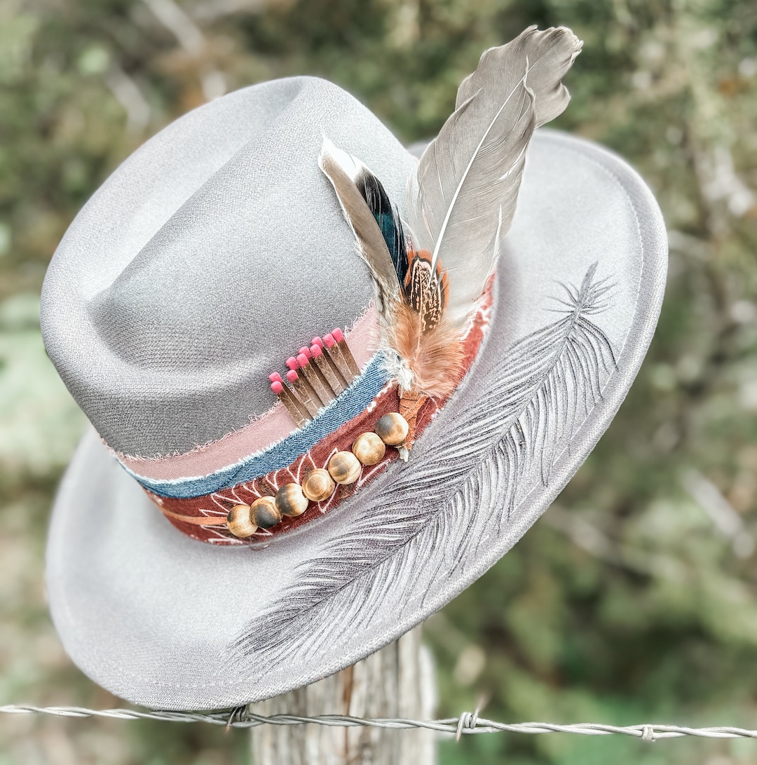 Feather Wide Brim Hat, Folded Crown Hat, Hand Burned Hat With What Band, Western Style Felt Hat ...