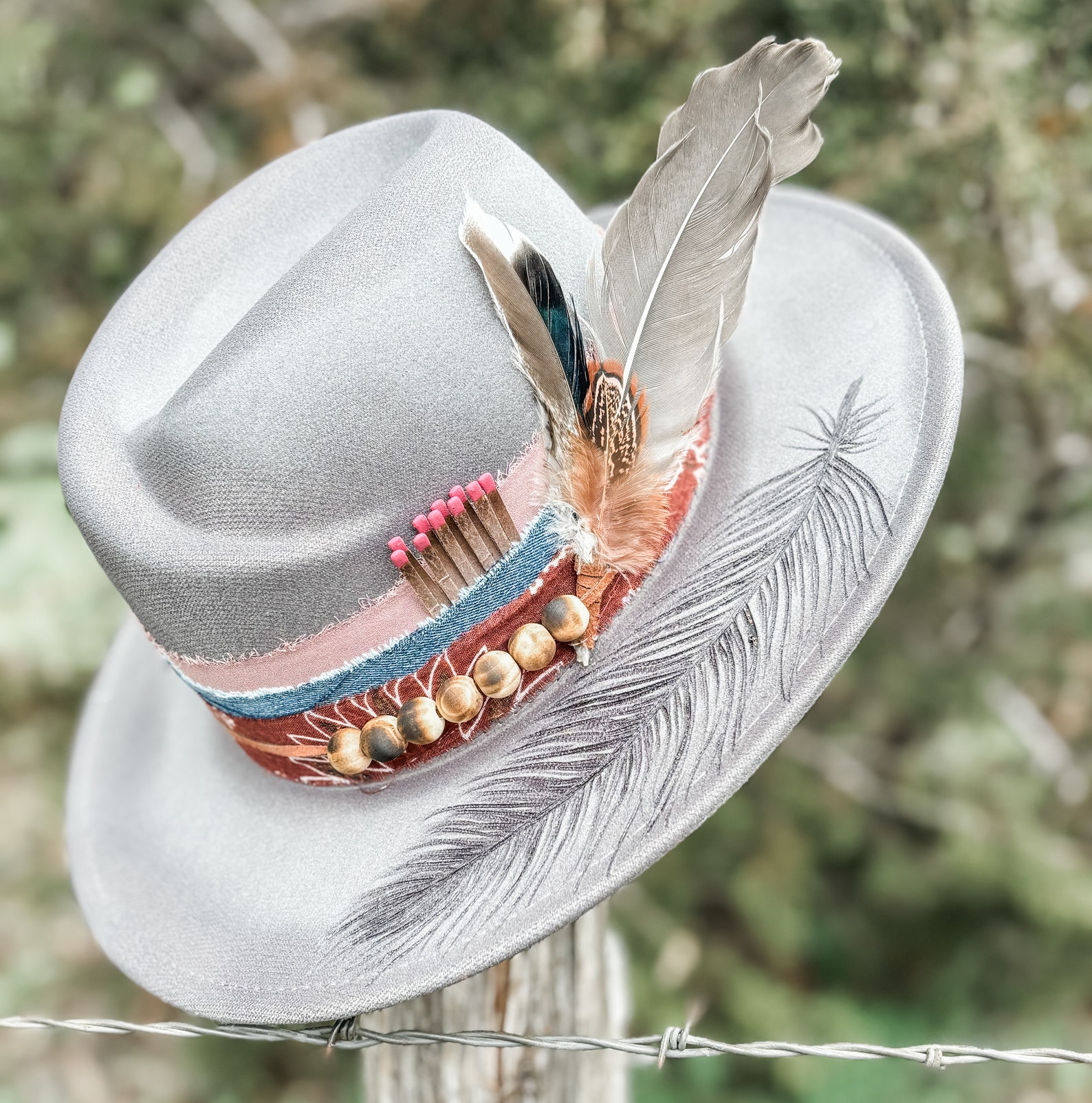 Feather Wide Brim Hat, Folded Crown Hat, Hand Burned Hat With What Band ...