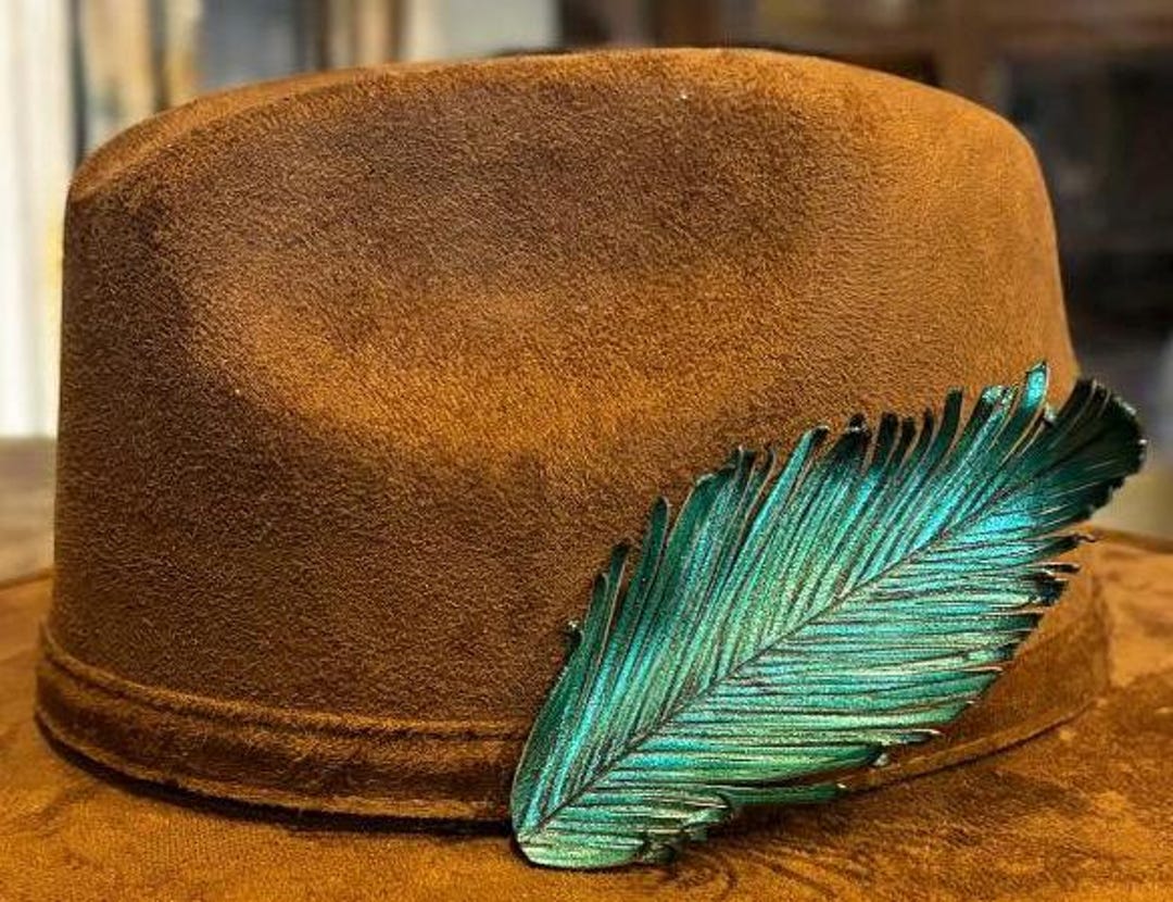 Leather Feather Hat Clips, Feather Clips, Hand Burned Leather Feather ...