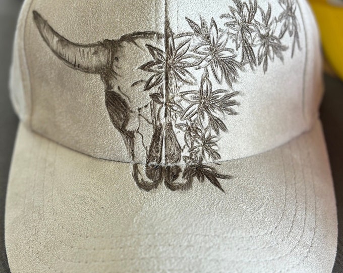 Hand Burned Cap, Cow Skull Hat, Western Style Cap, Faux Suede Cap ...