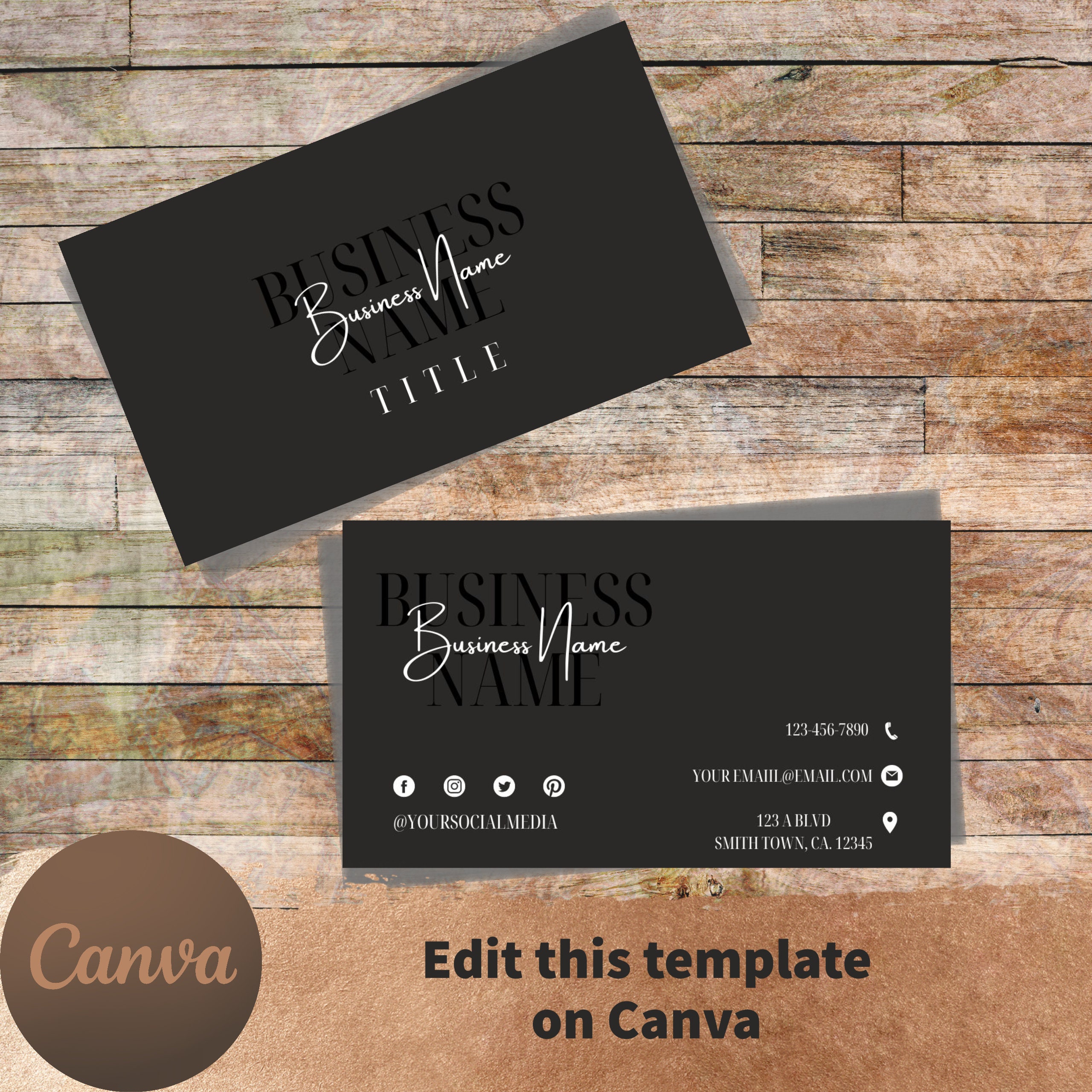 Modern Black Business Card Template, Instant Download, PDF, DIY ...