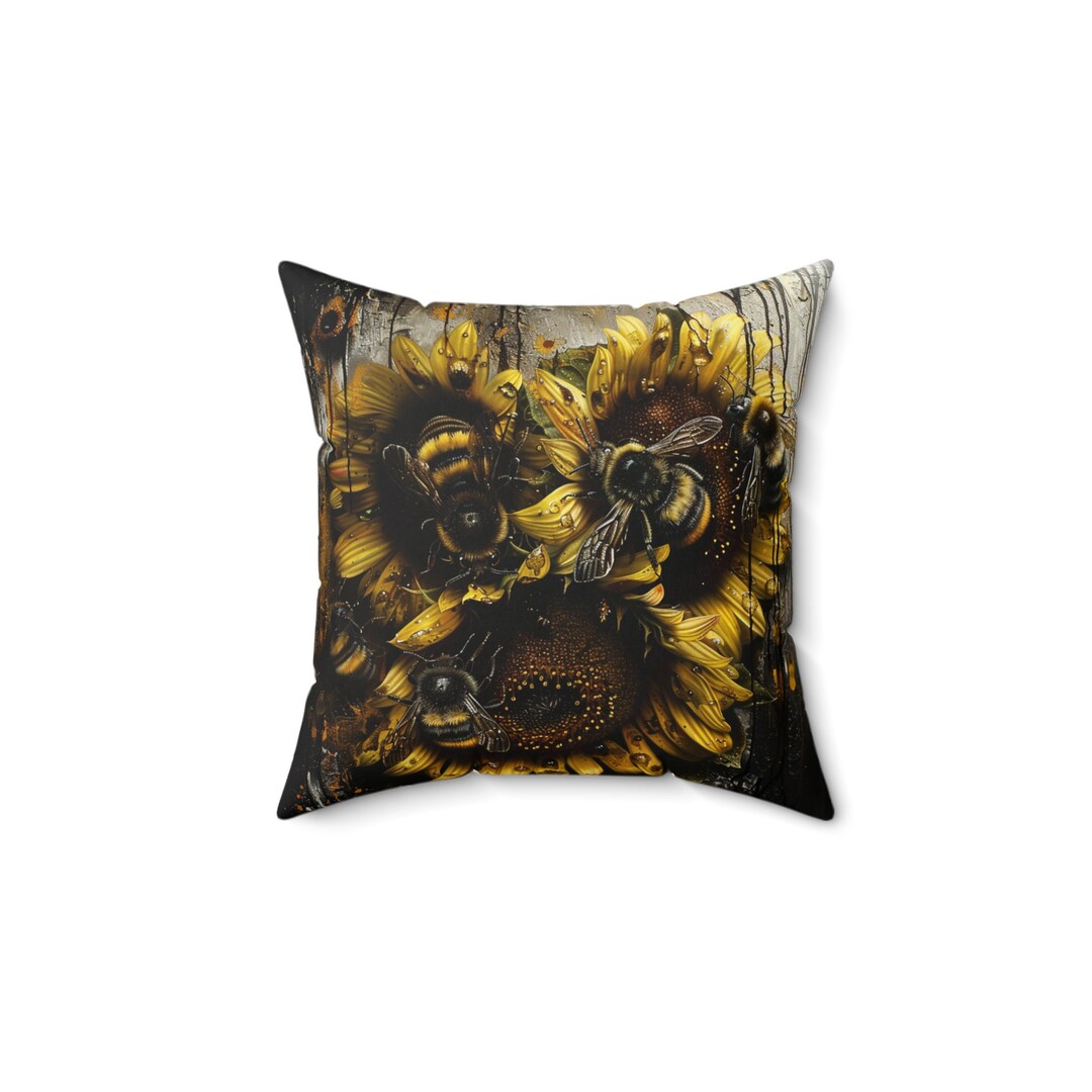 Garden Style Favorite Bees on Sunflowers Spun Polyester Square Pillow ...