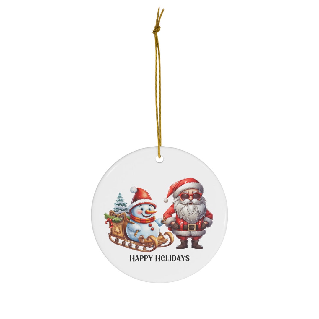 Holiday Santa cool Looking, Sleigh and Snowman on Round Ceramic ...