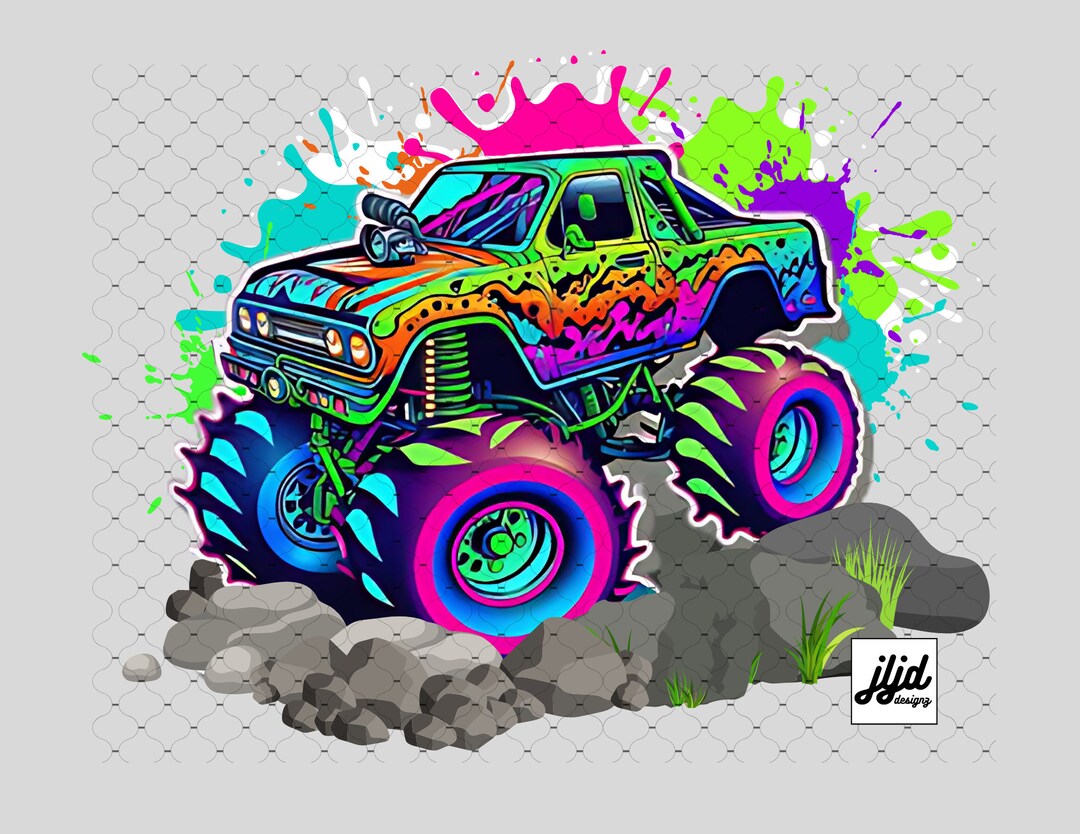 Monster Truck Sublimation or DTF Ready to Press Transfer Print Neon ...