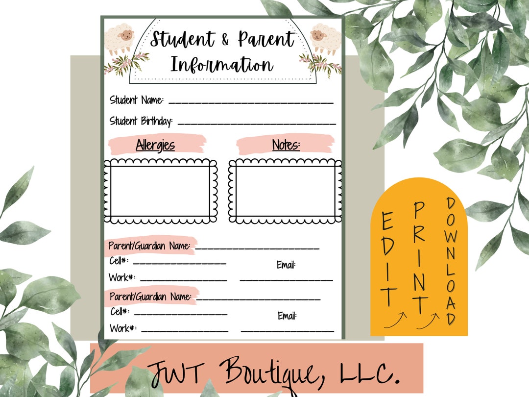 Student Parent Contact Information Form, Information Template, Sign in ...