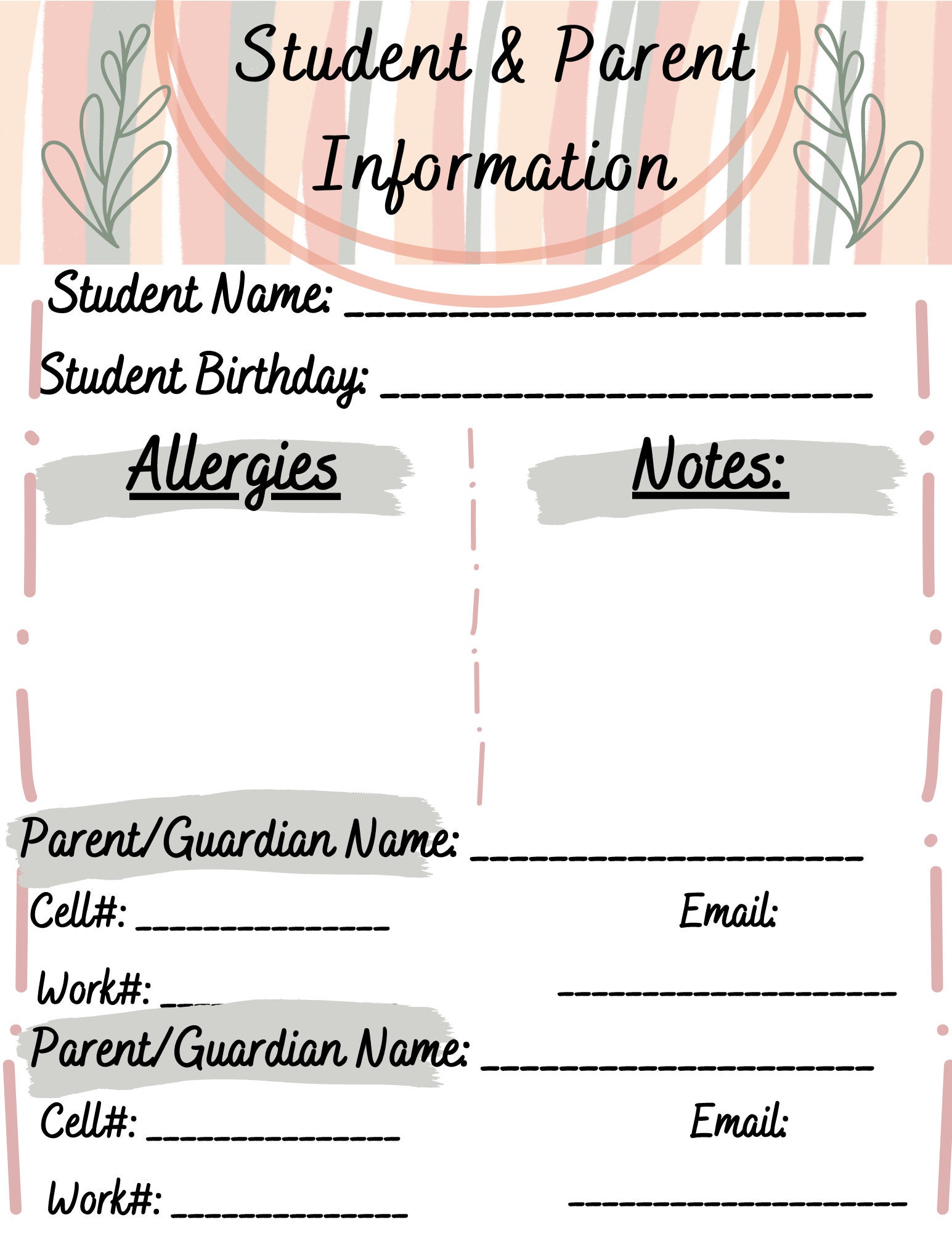 Student Parent Contact Information Form, Information Template, Sign in ...