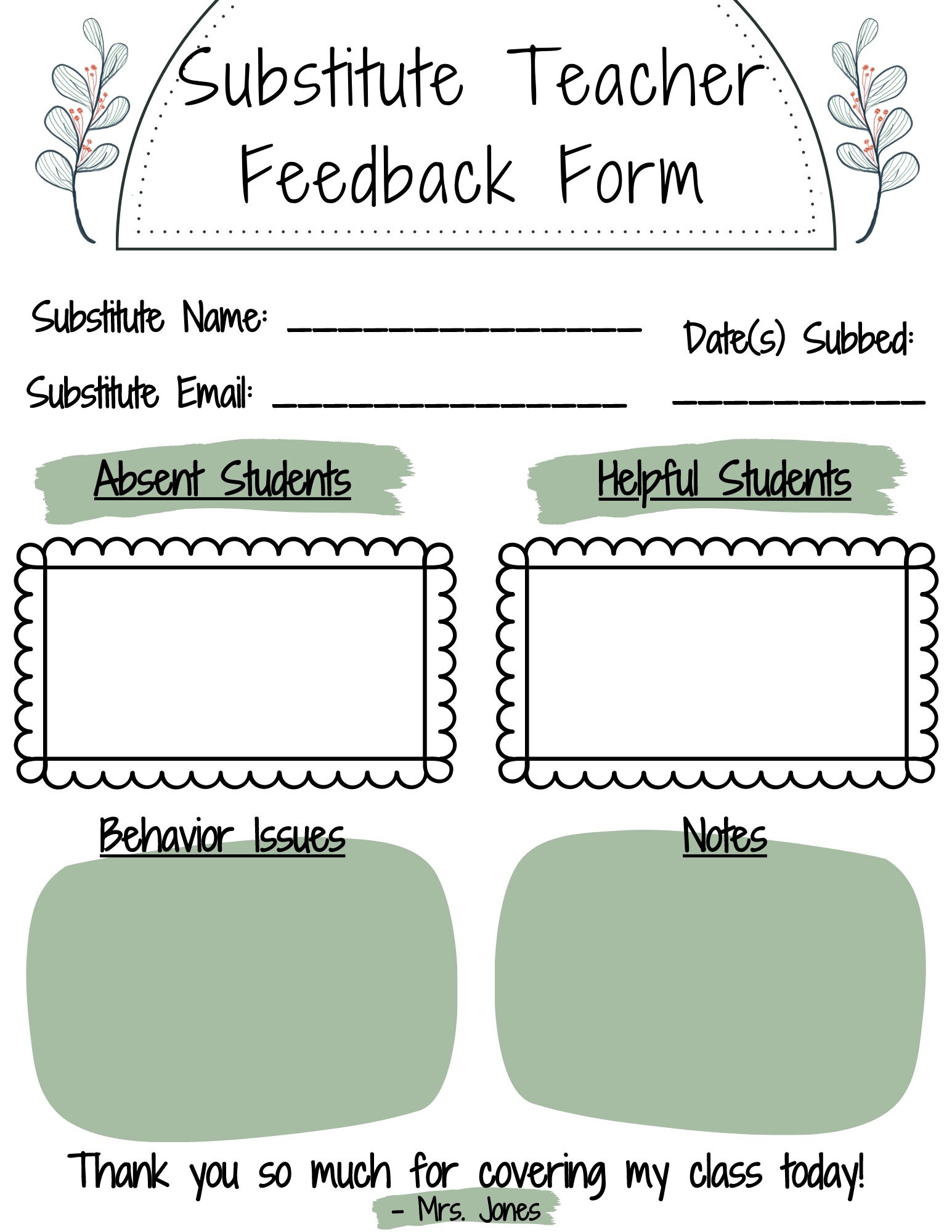 Substitute Teacher Forms Feedback, Back to School Printables ...