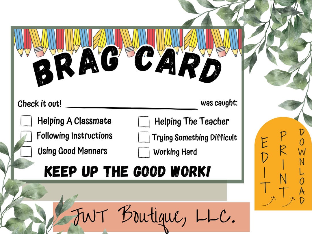 Brag Card, Teacher Note Card, Student Encouragement Cards, Back to ...