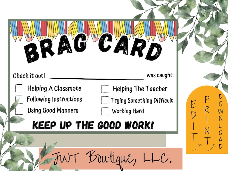 Printable Brag Card for Teachers: Student Encouragement (digital File ...