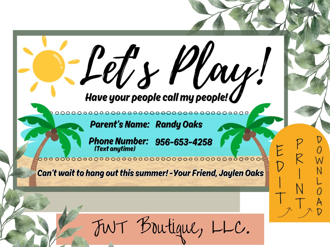 Contact Cards for Kids, Play Date Cards, Playdate Cards, Playdate ...