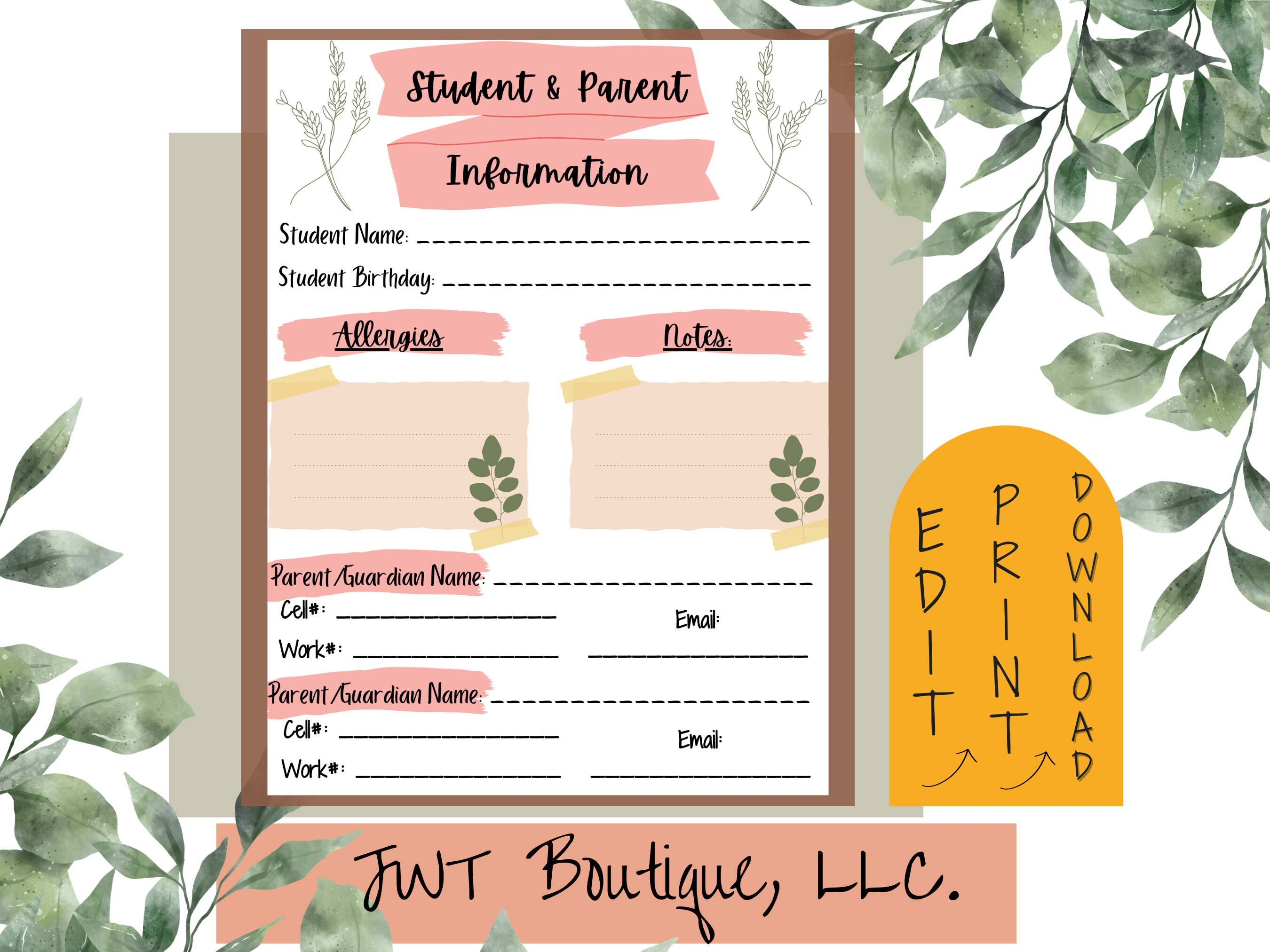 Student Parent Contact Information Form, Information Template, Sign in ...