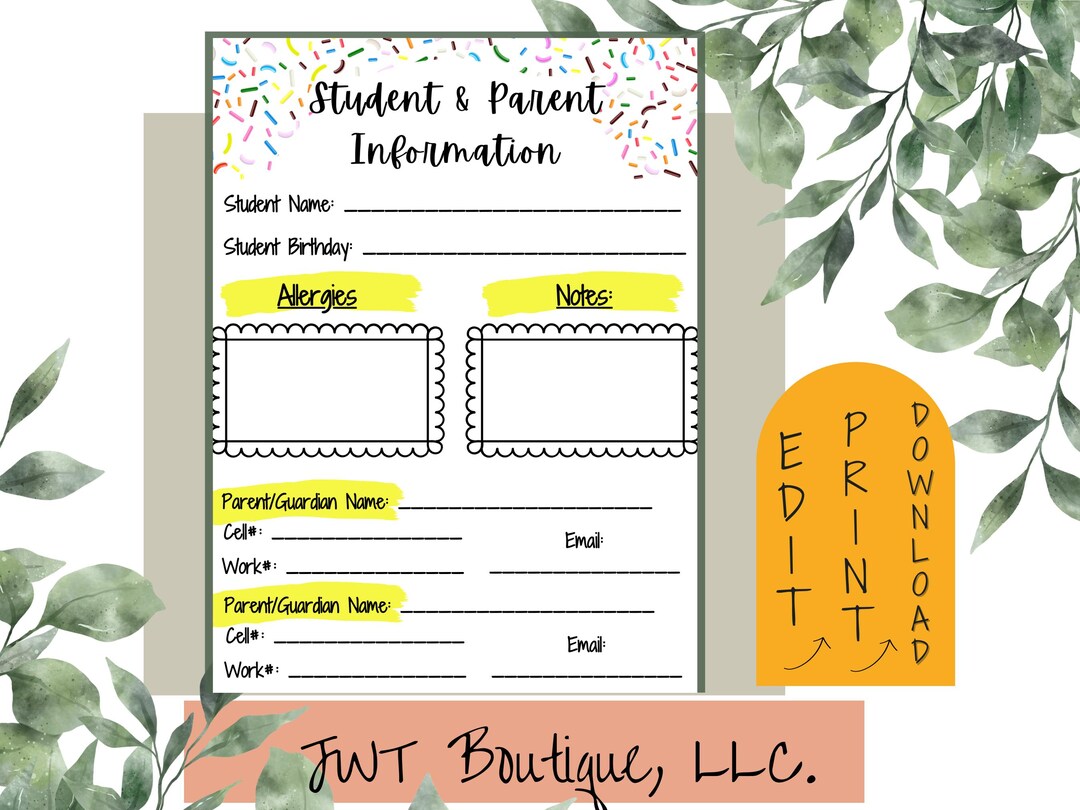 Student Parent Information Form, Contact Information Template, Sign in ...